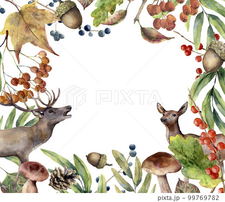 Watercolor autumn forest frame. Hand painted...のイラスト素材 [99769782] - PIXTA