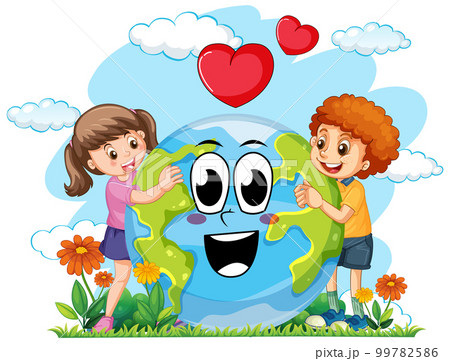 Two kids hugging earth globe in cartoon styleのイラスト素材 [99782586] - PIXTA