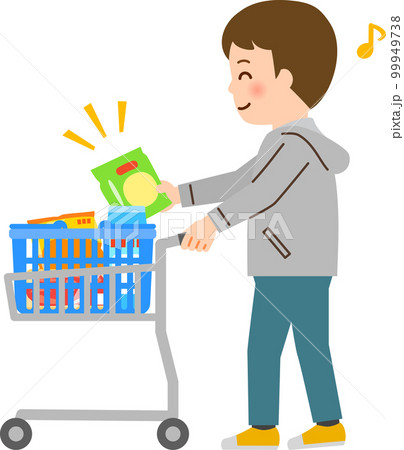ショッピングカートに品物を入れる男性のイラスト素材 [99949738] - PIXTA
