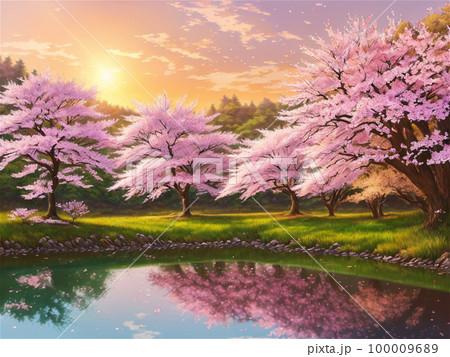 夕暮れ時 風に吹かれて少し散り始めた桜【AI生成画像】のイラスト素材 [100009689] - PIXTA