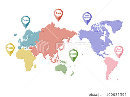 世界地図（日本中心）のイラスト: 六大州と位置情報マークのイラスト素材 [100025595] - PIXTA