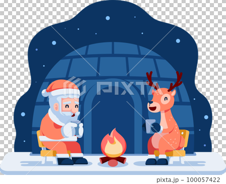 Santa and Reindeer Drinking Tea Around Campfire - Stock Illustration ...