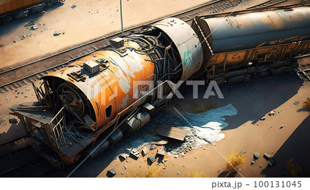 Freight train derailed, wreck of railroad cars...のイラスト素材 [100131045 ...