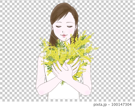 セミロングの女性(ミモザ,閉眼)のイラスト素材 [100147304] - PIXTA