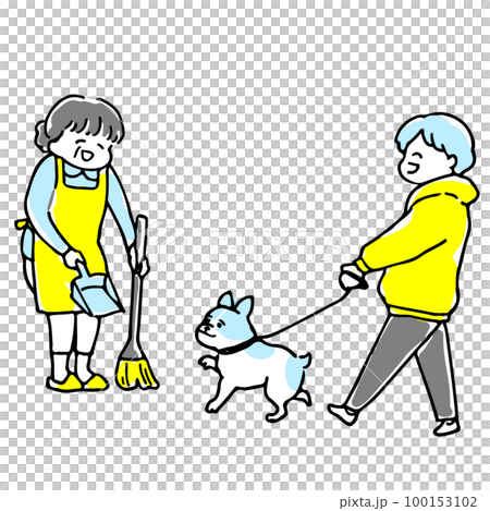 Say hello to neighbors while walking your dog,... - Stock Illustration ...