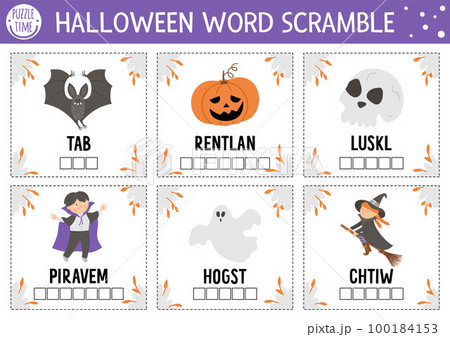 Vector Halloween word scramble activity cards....のイラスト素材 [100184153 ...