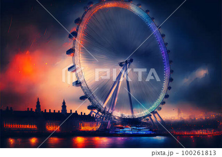 London eye at night created with generative AI...のイラスト素材 [100261813 ...