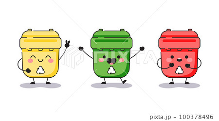 Yellow, Green and Red Garbage Waste bins. Cute...のイラスト素材 [100378496 ...