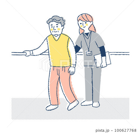 歩行訓練をするシニア男性と介助する女性のイラスト素材 [100627768] - PIXTA