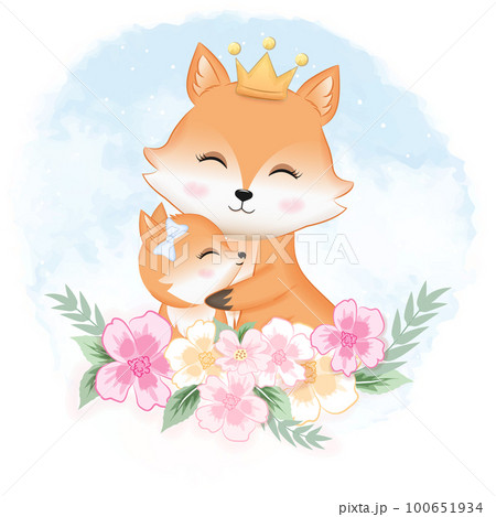 Cute baby fox and dad with flower frame...のイラスト素材 [100651934] - PIXTA