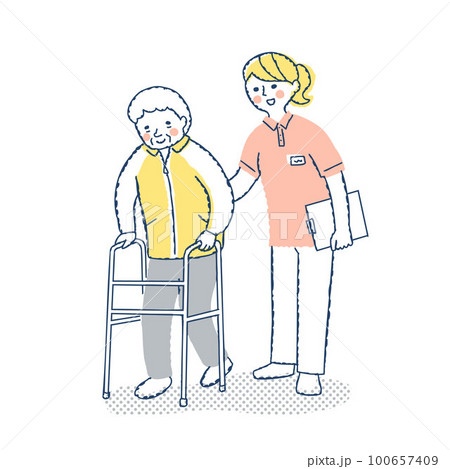 歩行器を使って歩くシニア女性と介助する女性のイラスト素材 [100657409] - PIXTA