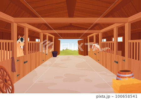 Horses stable. Cartoon barn inside interior,...のイラスト素材 [100658541] - PIXTA