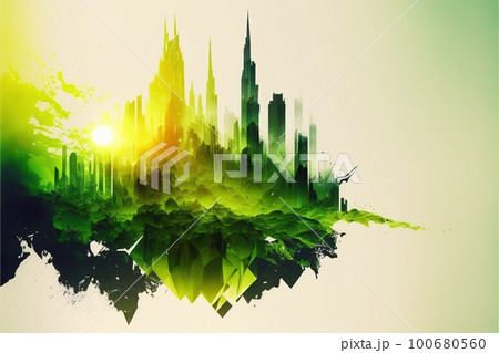 Green modern cityscape in abstract art with...のイラスト素材 [100680560] - PIXTA
