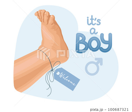 Baby foot with blue boy tag and hand drawn...のイラスト素材 [100687321] - PIXTA