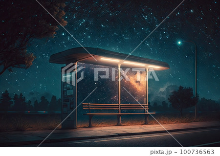 nighttime bus stop, with the glow of city...のイラスト素材 [100736563] - PIXTA