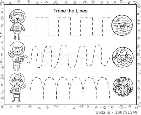 Trace lines from cute animals astronauts to the...のイラスト素材 [100751549 ...