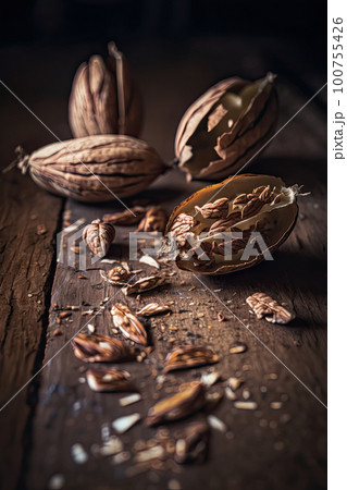 Fresh pecans and broken shells on a rustic...のイラスト素材 [100755426] - PIXTA