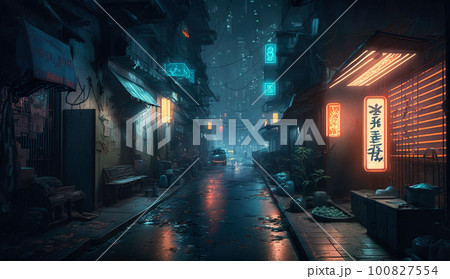 Dark street in cyberpunk city, lane with gloomy...のイラスト素材 [100827554 ...