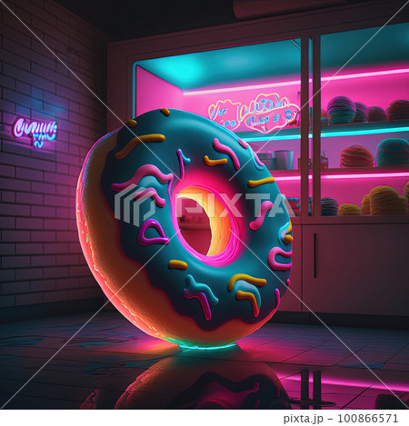 Neon donut on colorful background. Doughnut day...のイラスト素材 [100866571 ...
