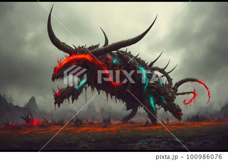 Hellish monster with fangs and horns, rotted...のイラスト素材 [100986076] - PIXTA
