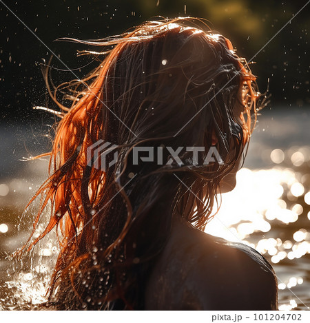 Wet hair of a girl, the sun shines through wet...のイラスト素材 [101204702 ...