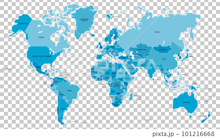 World map color-coded blue Country names Border... - Stock Illustration ...