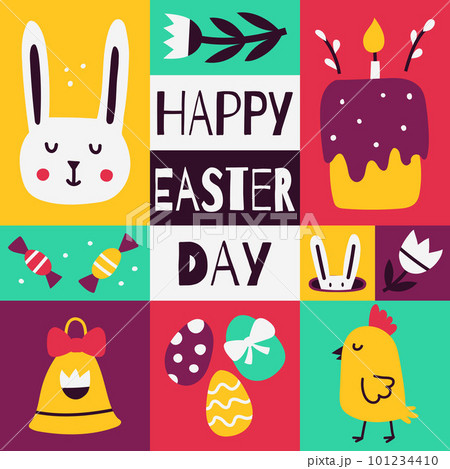 Easter poster. Square graphic poster with cute...のイラスト素材 [101234410 ...