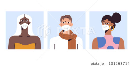 Covid 19 people wearing protective masks avatar...のイラスト素材 [101263714 ...