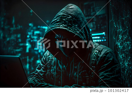 evil hacker in black hood and mask on dark...のイラスト素材 [101302417] - PIXTA