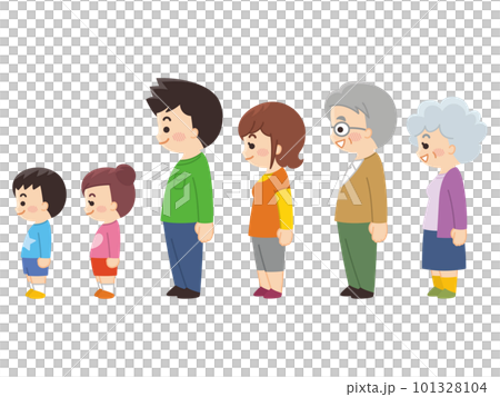 真横を向いて一列に並ぶ笑顔の三世代家族のイラスト素材 [101328104] - PIXTA