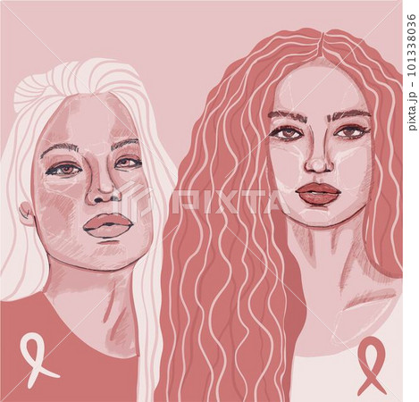 Two strong women. Pink badge ribbon on women...のイラスト素材 [101338036] - PIXTA
