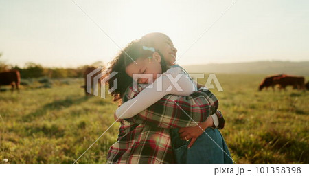 Agriculture, cows and mother hug child for...の写真素材 [101358398] - PIXTA