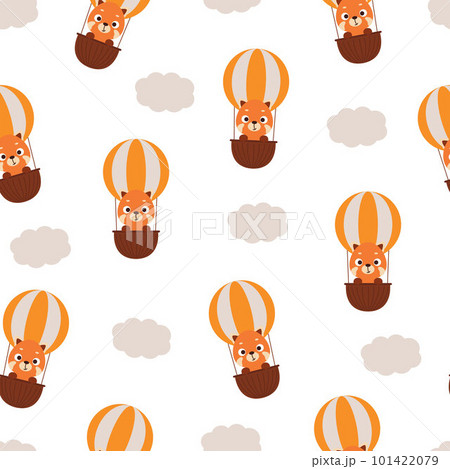Cute little red panda flying on hot air balloon...のイラスト素材 [101422079 ...