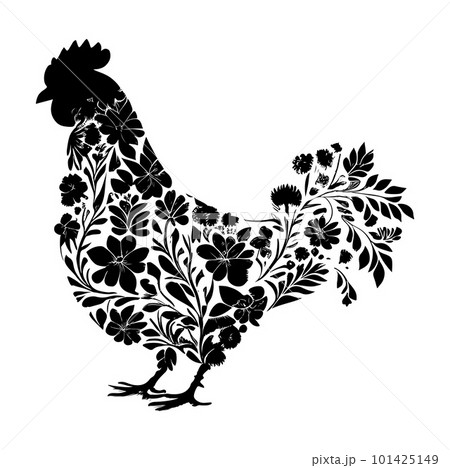 Hen chicken flower pattern Isolated black...のイラスト素材 [101425149] - PIXTA