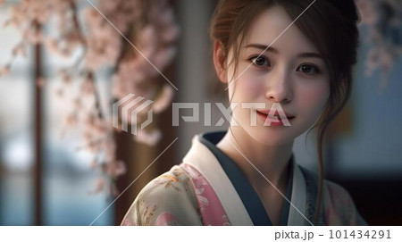日本の着物を着た笑顔の美人アジア人女性（Generative AI）のイラスト素材 [101434291] - PIXTA