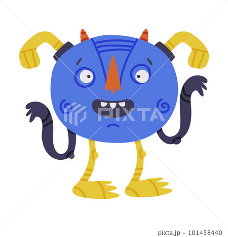 Funny Blue Monster Head with Long Arms Vector...のイラスト素材 [101458440] - PIXTA