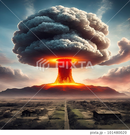A nuclear explosion in the distance over the...のイラスト素材 [101480020] - PIXTA