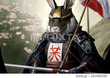 Rabbit samurai portrait in traditional vintage...のイラスト素材 [101483265 ...