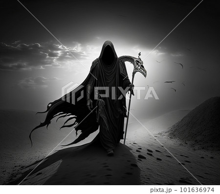 Grim reaper walking in the desert with scythe....のイラスト素材 [101636974 ...