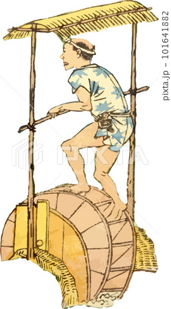 足踏み式水車で田んぼに水を入れる男性のイラスト素材 [101641882] - PIXTA