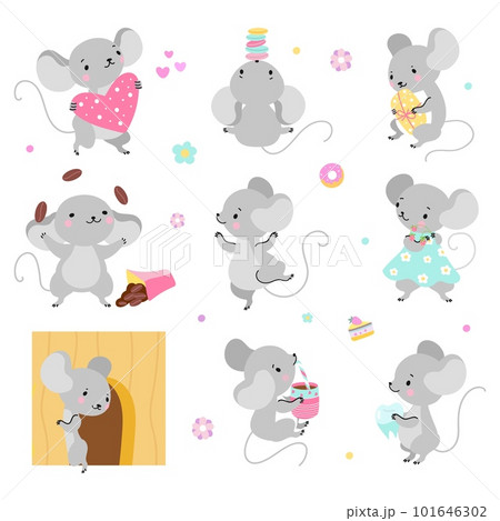 Funny cartoon mouse playing and sleeping. Mice...のイラスト素材 [101646302 ...
