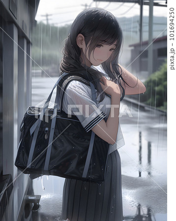 土砂降りの雨に打ちひしがれる女子高生「AI生成画像」のイラスト素材 [101694250] - PIXTA