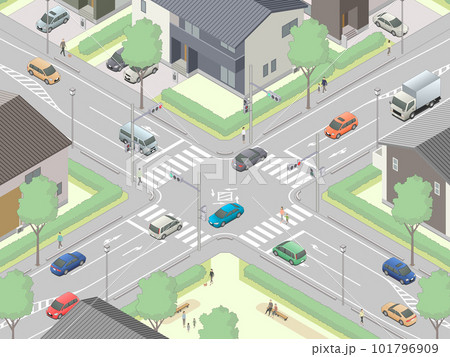 アイソメトリック図法で描いた日本の信号交差点[C]（市街地-02_シンプル）のイラスト素材 [101796909] - PIXTA