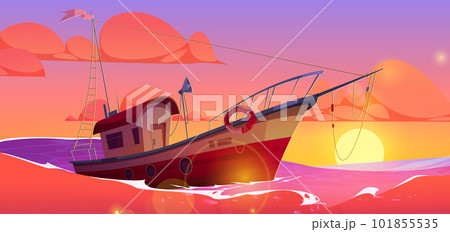 Cartoon boat floating in sea, sunset backgroundのイラスト素材 [101855535] - PIXTA