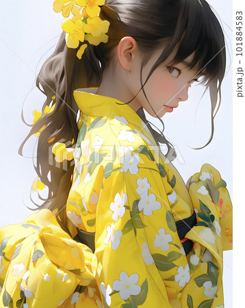 鮮やかな黄色い花柄の着物を着た少女「AI生成画像」のイラスト素材 [101884583] - PIXTA