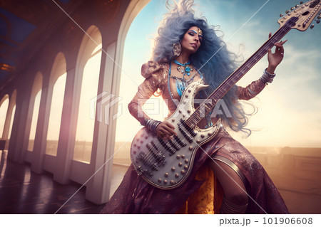 Beautiful rock star woman with electric guitar....のイラスト素材 [101906608 ...