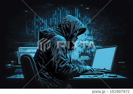 Hacker in a blue hoody standing in front of a...のイラスト素材 [101907972] - PIXTA