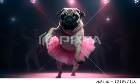 Pug Dod in a light pink ballet skirt is dancing...のイラスト素材 [101987116 ...