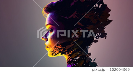 Silhouette double exposure beautiful female...のイラスト素材 [102004369] - PIXTA