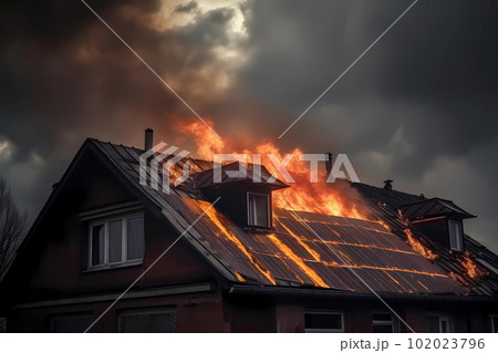 Home with solar energy system on fire....の写真素材 [102023796] - PIXTA